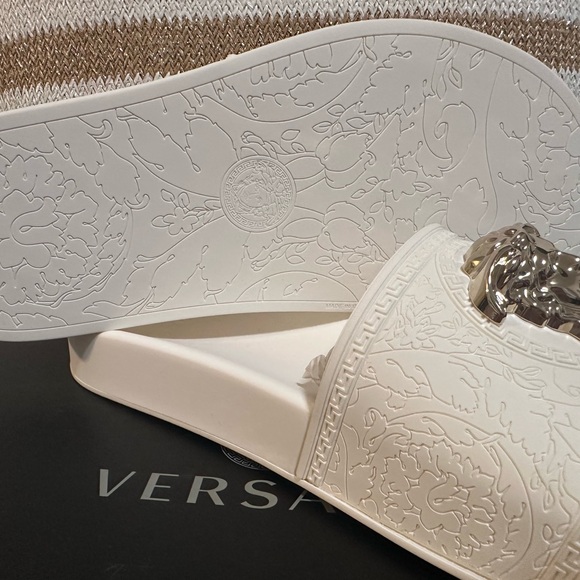 Versace | Shoes | Versace White Embossed Slides | Poshmark